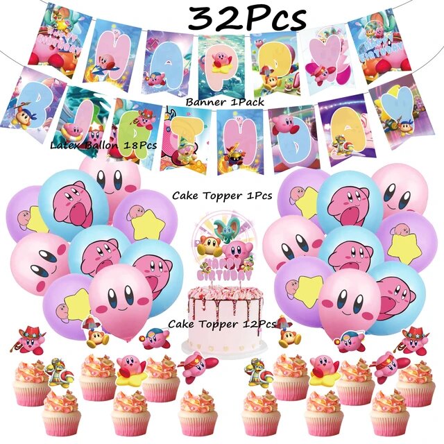 Украшения для дня рождения в стиле Розового Кирби, подарки для девочек, праздничные атрибуты с персонажами аниме, набор бумажных столовых приборов, тарелки, чашки, салфетки, игрушки.