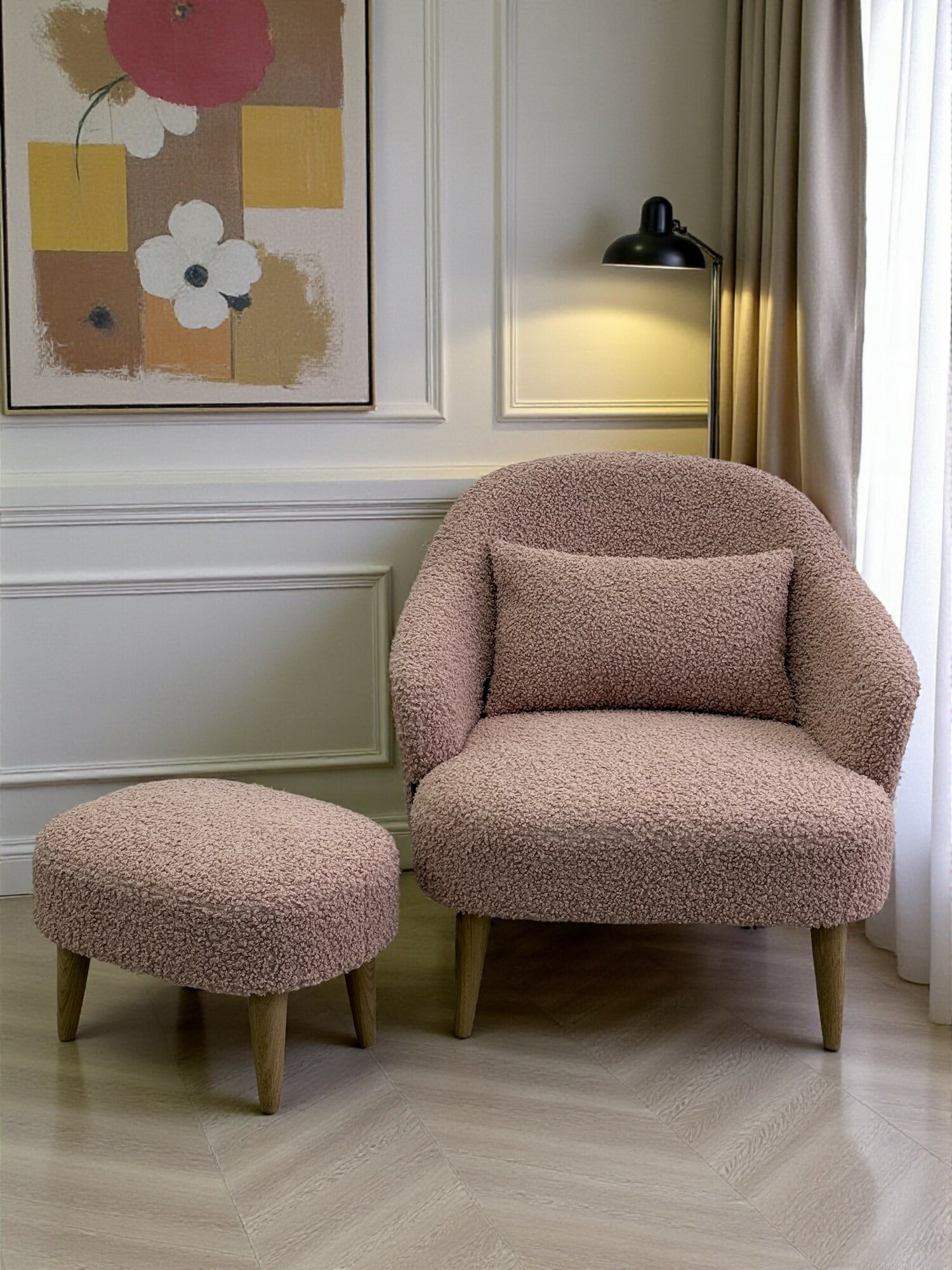 Комплект кресла Bonfico Унно и пуфа, с мягкими подлокотниками, ткань барашек розовый