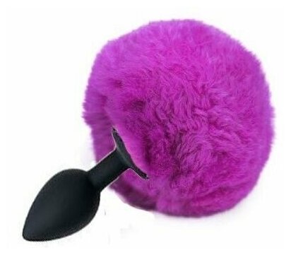 Черная анальная пробка с пушистым лиловым хвостиком зайки