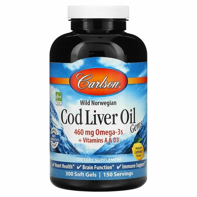 Carlson, Cod Liver Oil Gems, Жир печени дикой норвежской трески + витамины A & D3, вкус лимона, 460 мг, 300 капсул