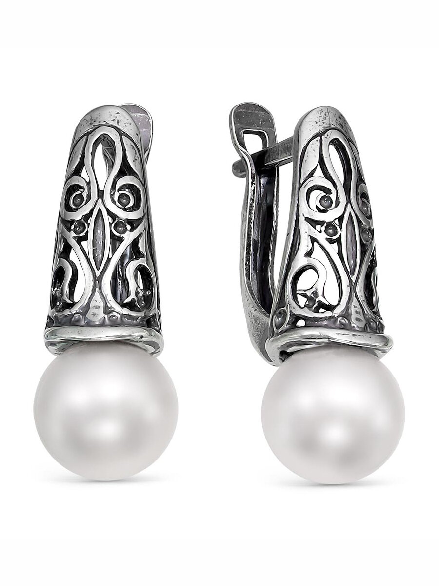 Серьги, серебро, 925 проба, оксидирование, жемчуг имитация