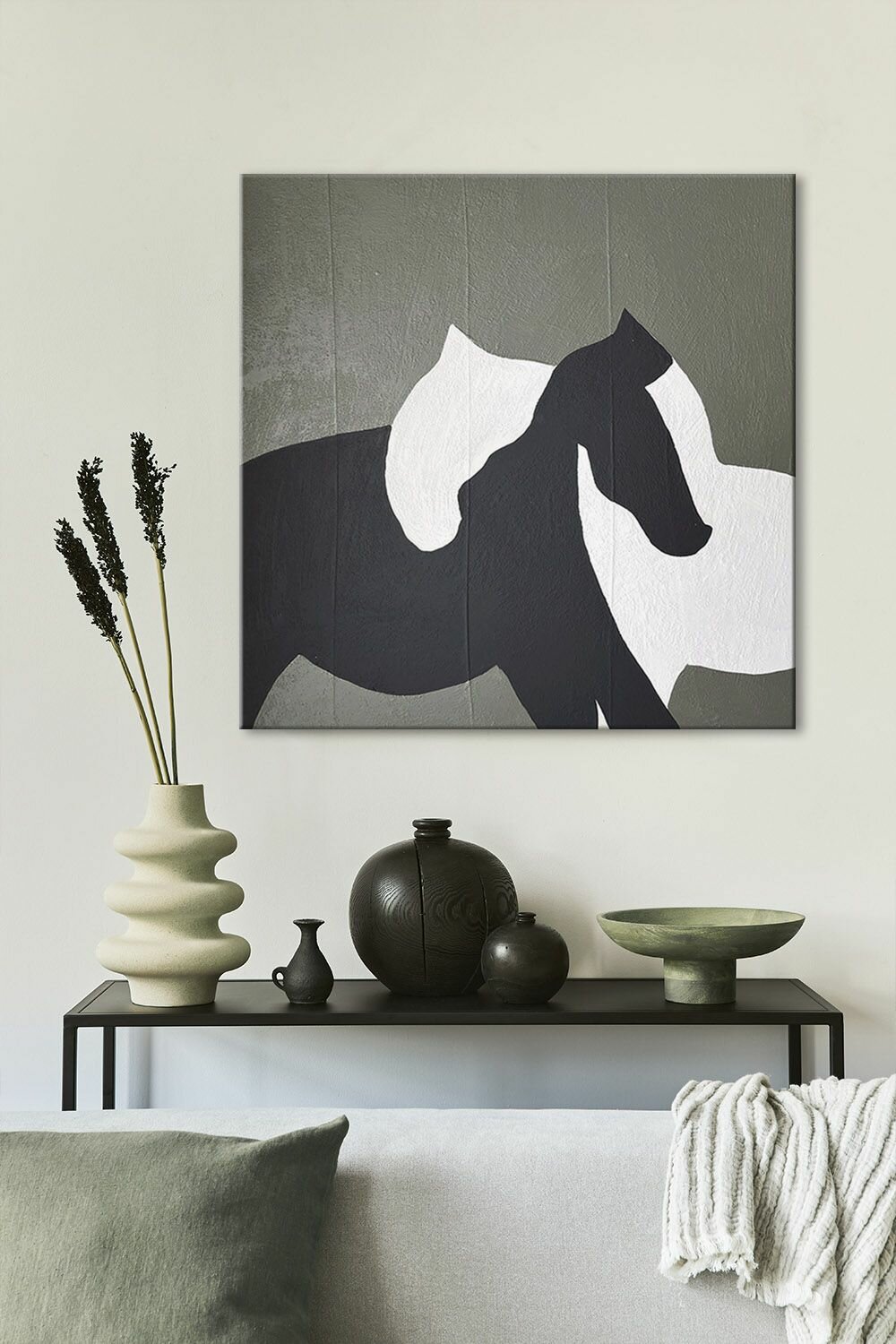 Картина на холсте ручной работы квадратная DECORMARKT Две Лошади на Зеленом, 50х50 см