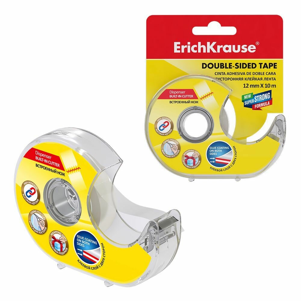 Двусторонняя клейкая лента ErichKrause, прозрачная, 12ммх10м, в диспенсере