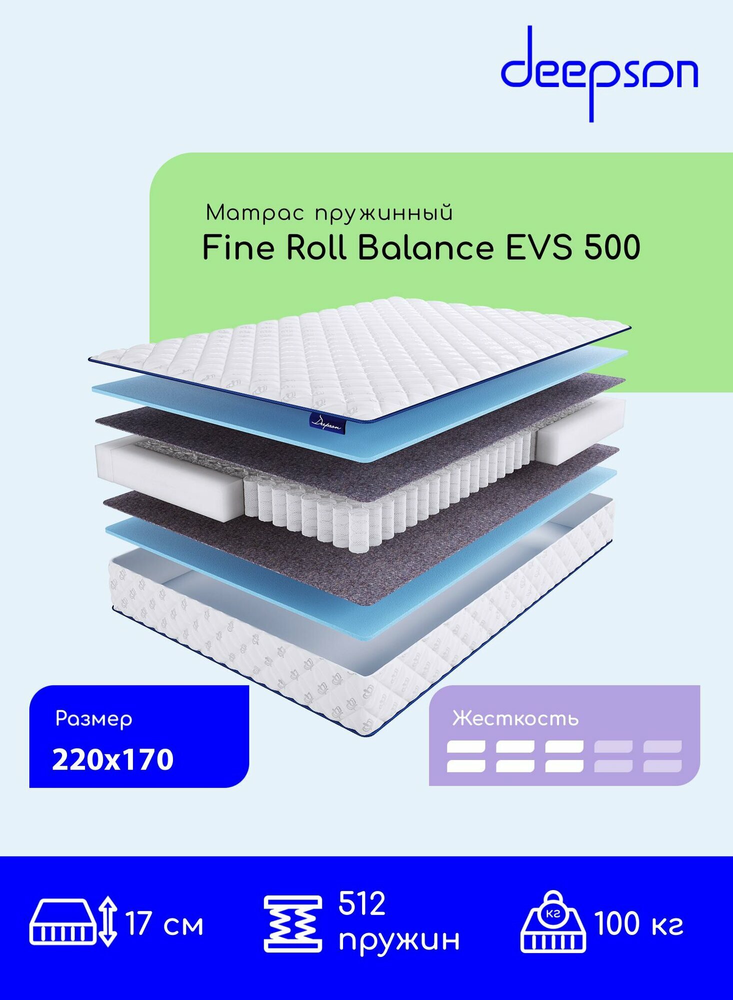 Матрас 220x170 ортопедический независимые пружины Deepson Fine Roll Balance EVS 500
