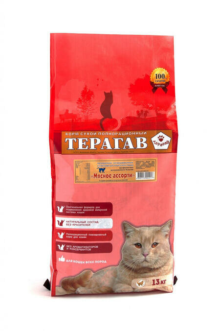 Терагав мясное ассорти 13 кг сухой корм для кошек всех пород