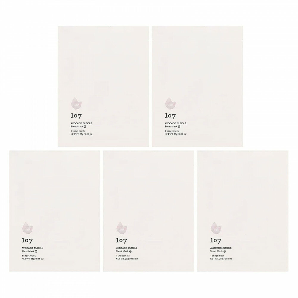 107 Beauty, Avocado Cuddle, косметические тканевые маски, 5 листовых масок, 25 г (0,88 унции)