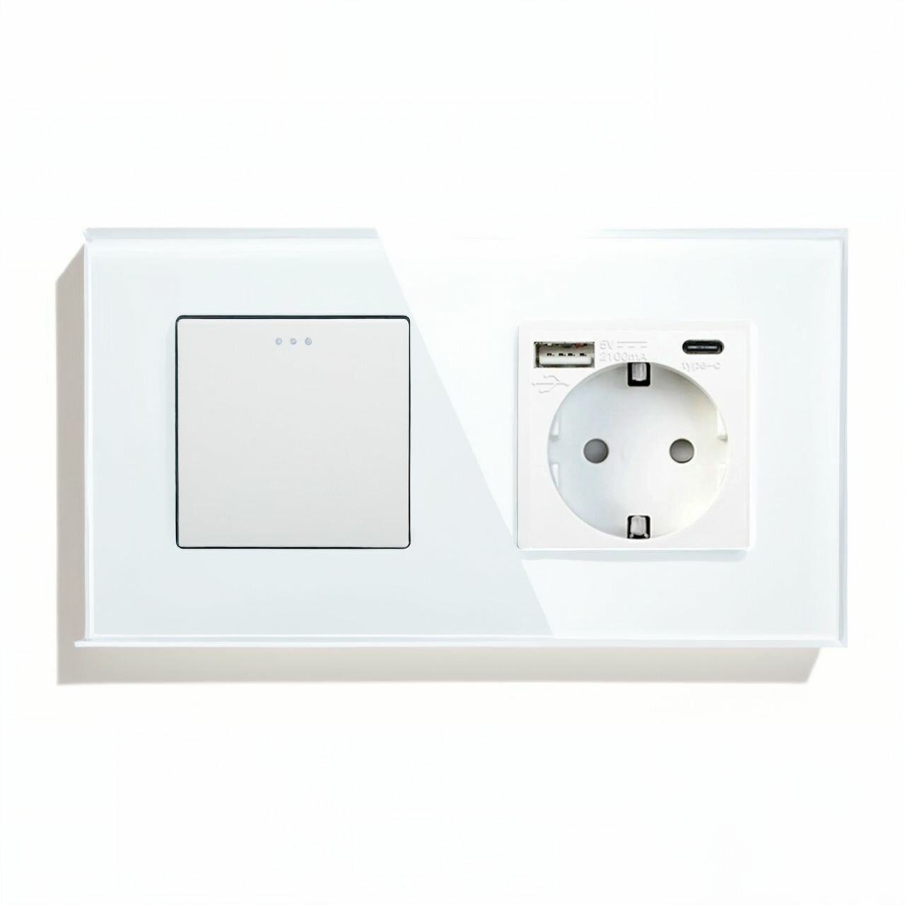Выключатель одноклавишный с розеткой MVAVA, с USB Type-C, стекло, с заземлением, белый