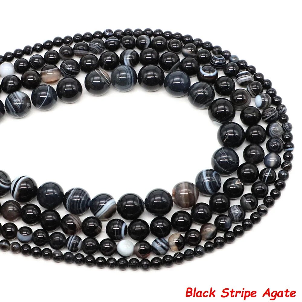 Бусины из аметиста и аквамарина 4/6/8/10 мм Черный, 6mm 56-65pcs, Black Stripe Agate
