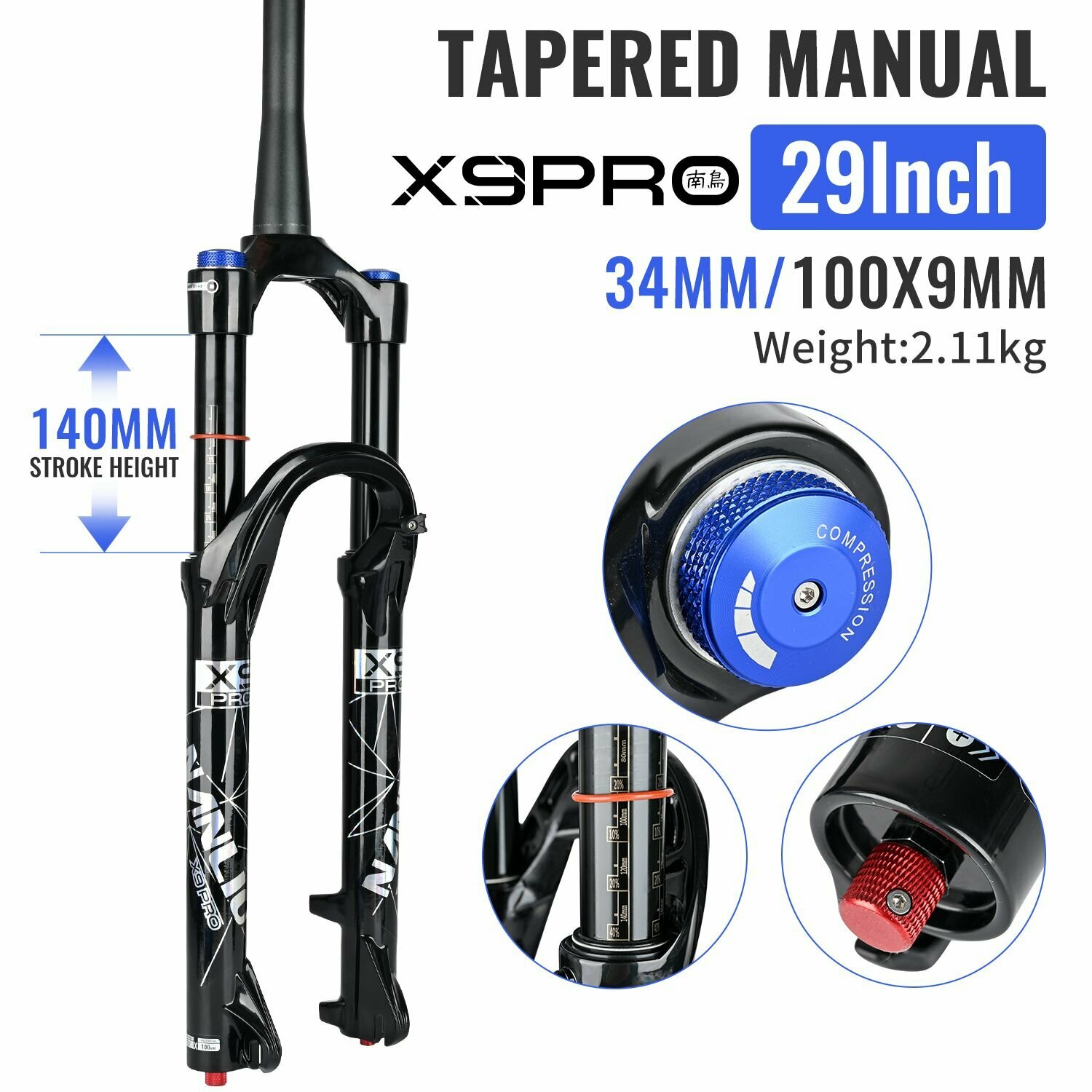 Nanlio X9 PRO Велосипедные амортизационные вилки 34MM 26 27.5" 29 дюймов МТБ Вилка с маслом и газом, 140/160MM с металлическими втулками.