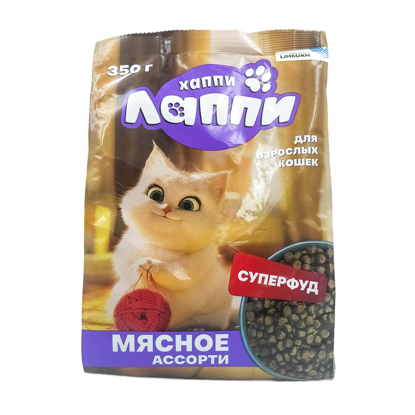 Корм Хаппи Лаппи сухой полнорационный для взрослых кошек мясное ассорти, 0,35кг