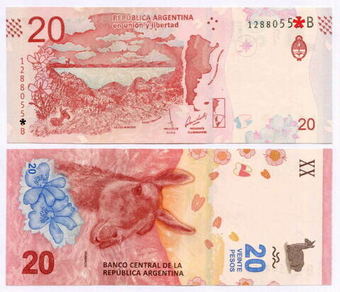 Банкнота Аргентина 20 песо 2017 год 12880554 B (лама Гуанако). UNC