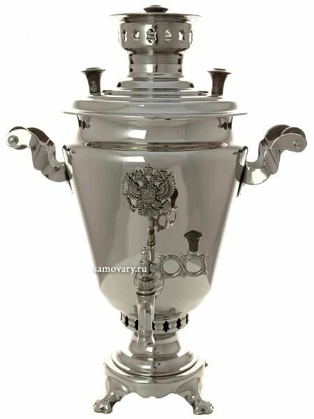 Угольный самовар 7 литров "конус" никелированный с накладным гербом РФ