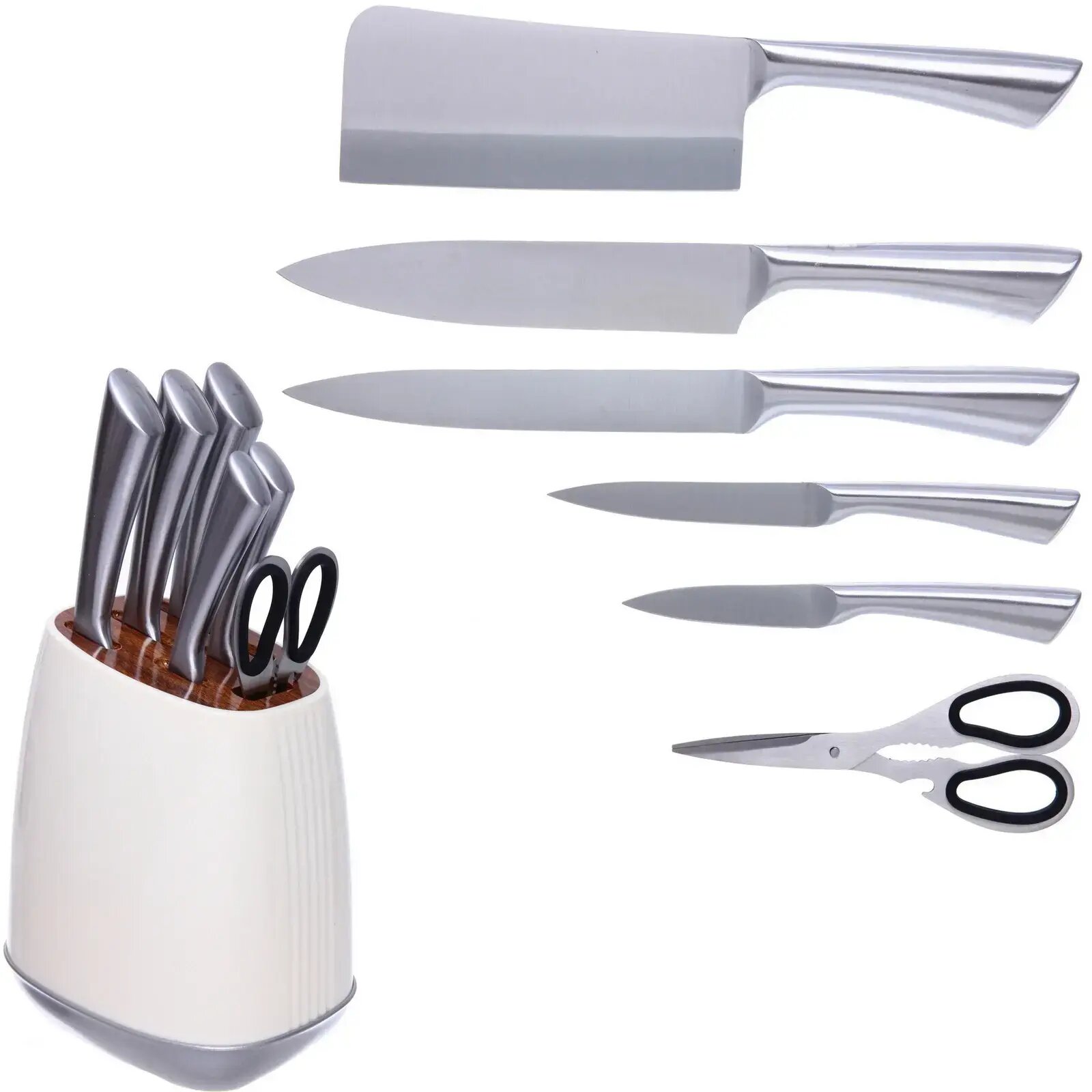 Набор кухонных ножей 7 предметов с подставкой, металлические лезвия, бежевая подставка