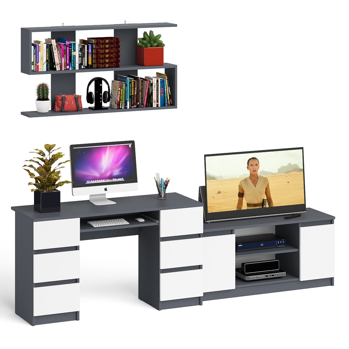 Письменный стол Мори МС-2 с ТВ-тумбой 1200 и навесной полкой 1200, графит/белый, 255,8х50х209,6 см.