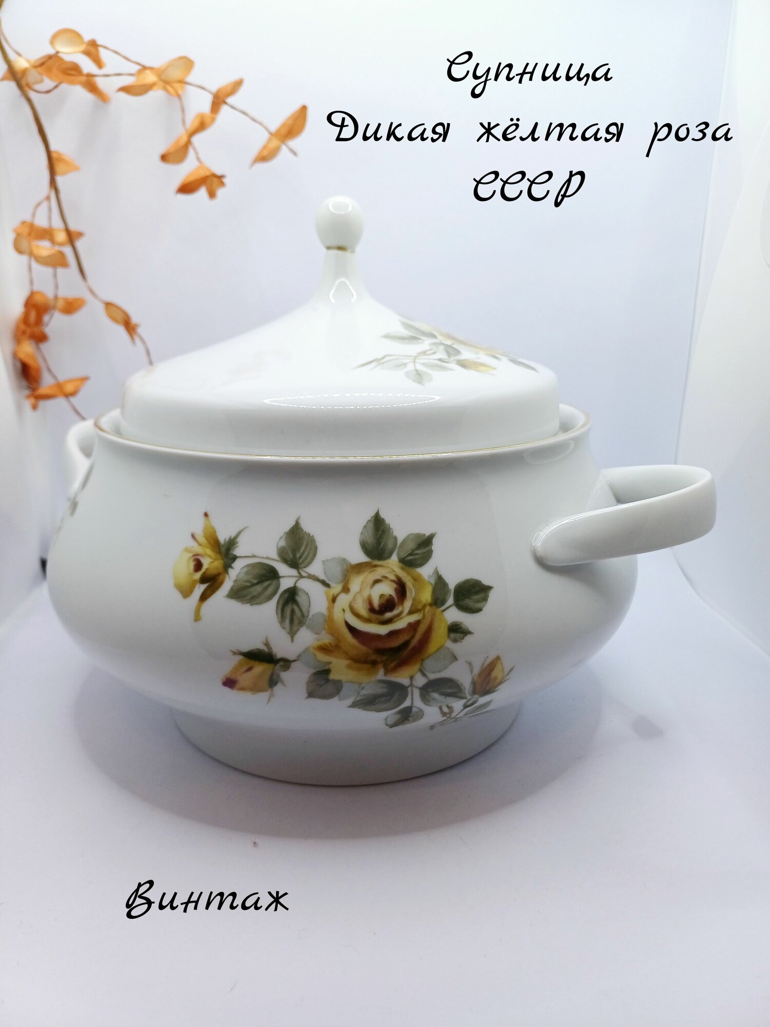 Супница Дикая жёлтая роза винтажная, фарфор, деколь, Kahla Konitz