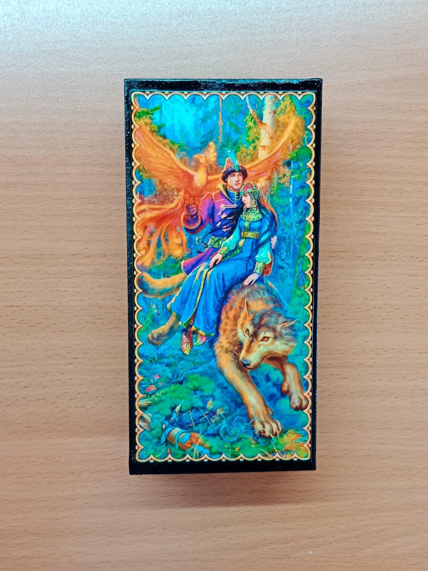 Шкатулка-купюрница универсальная "Серый волк" 17*8,5*3,5см, лаковая миниатюра