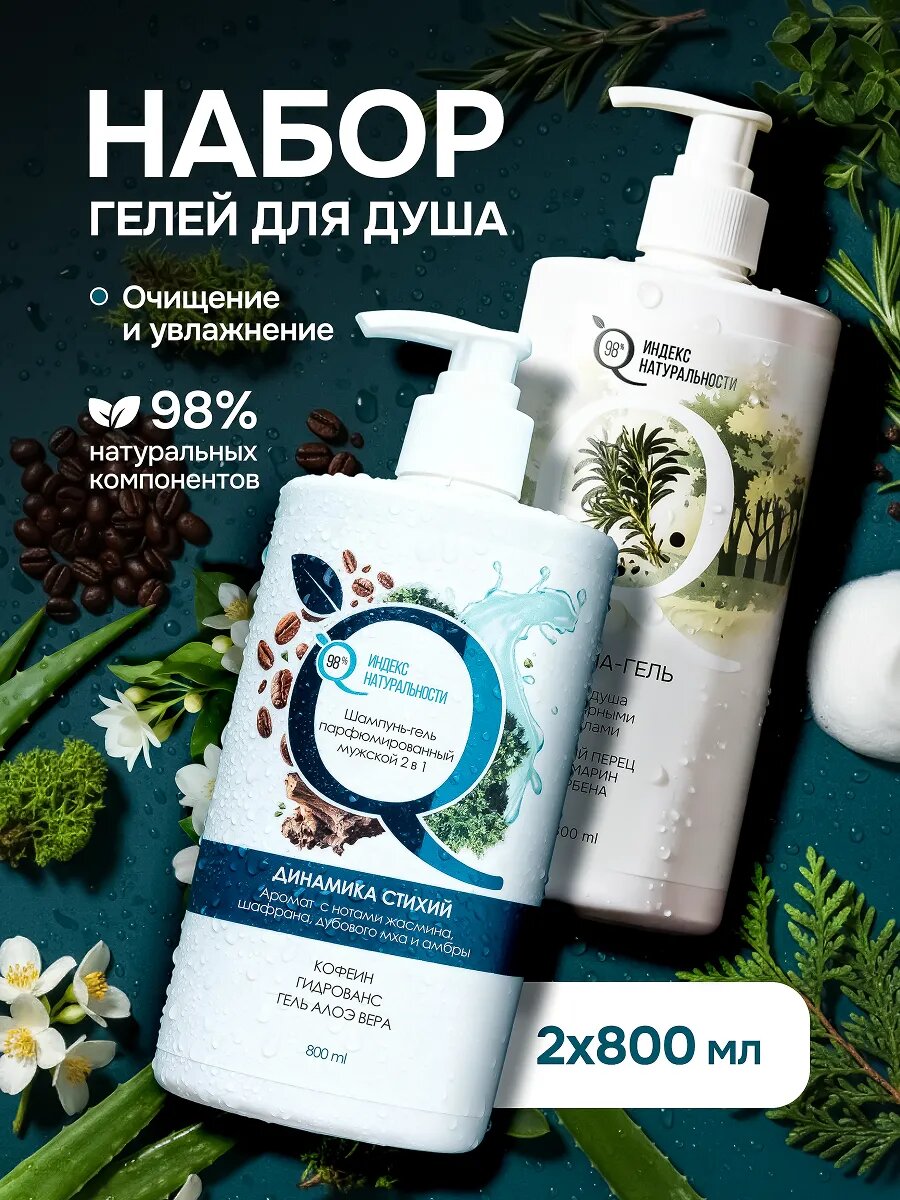 Набор гелей для душа Индекс Натуральности, мужской, 800 мл, 2 шт