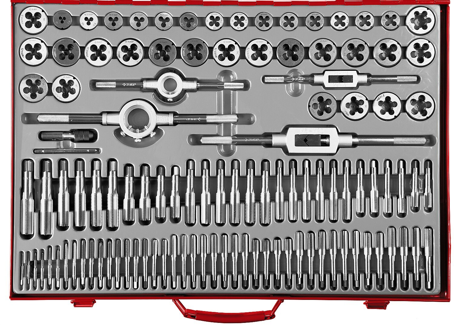 ЗУБР 110 предм, сталь 9ХС, набор метчиков и плашек (28119-H110)