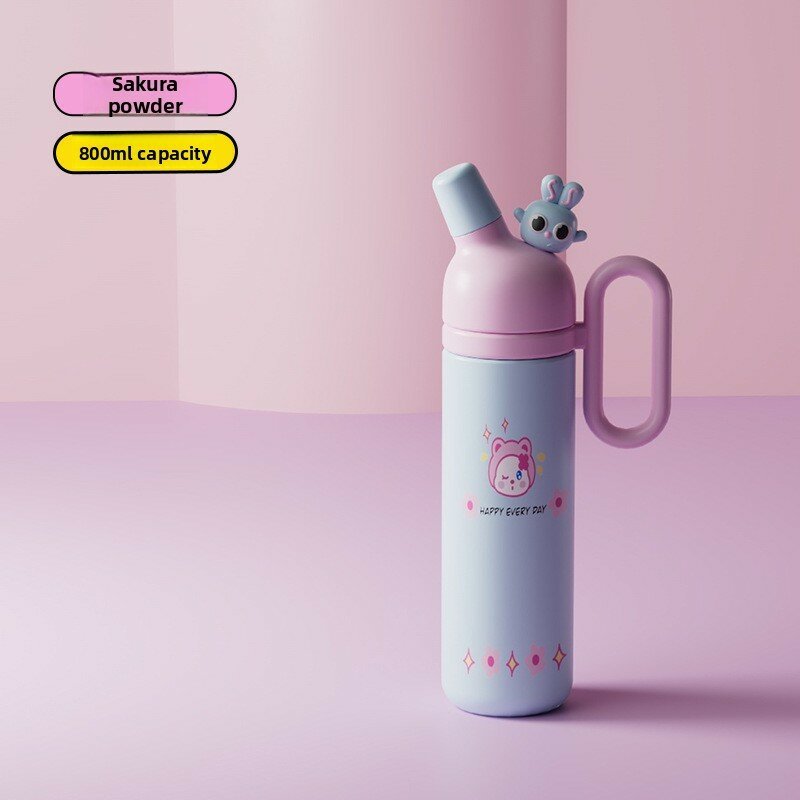 Playful cartoon rabbit pattern insulation mug with 800ml capacity for gift giving and everyday use cherry pink