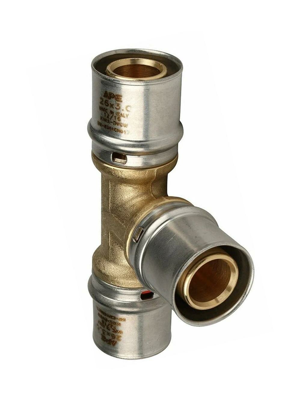 Тройник APE AP131 26x26x26 для металлопластиковых труб, латунный, пресс-соединение