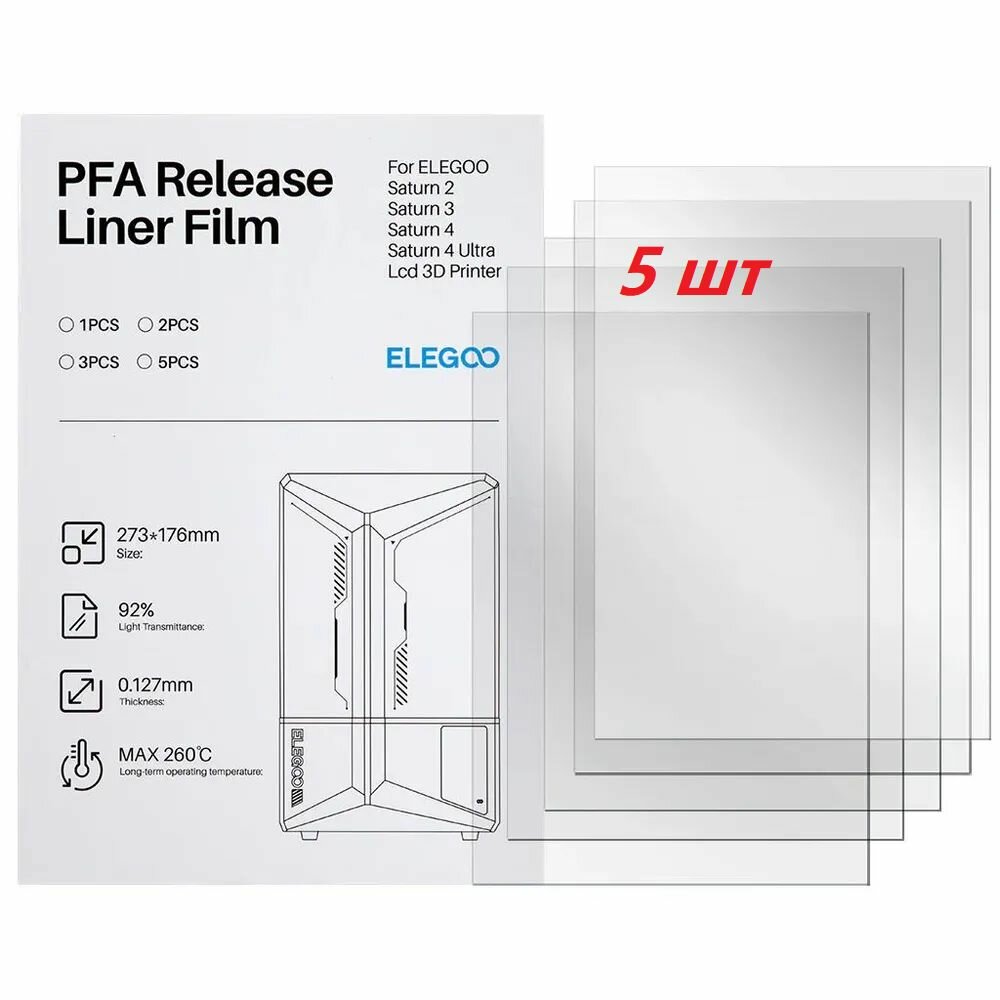 Защитная пленка ELEGOO PFA для 3D-принтеров ELEGOO Saturn 2/8K/3/4/4 Ultra/4 Ultra 16K (5 шт.)