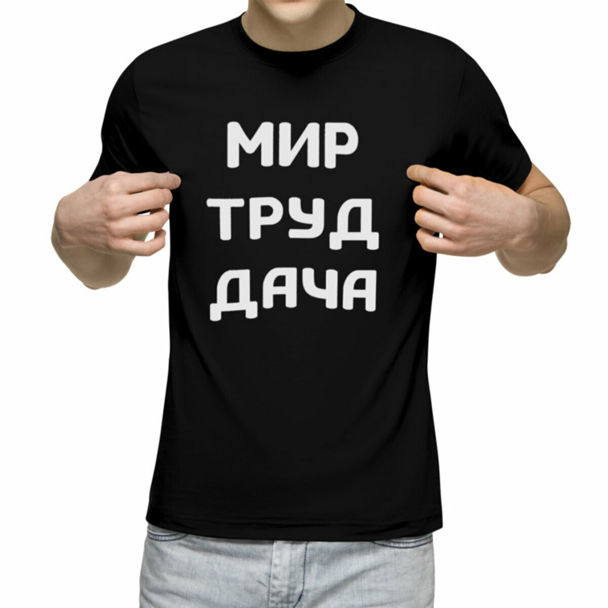 Мужская футболка «Мир, труд, дача» (черный, L)