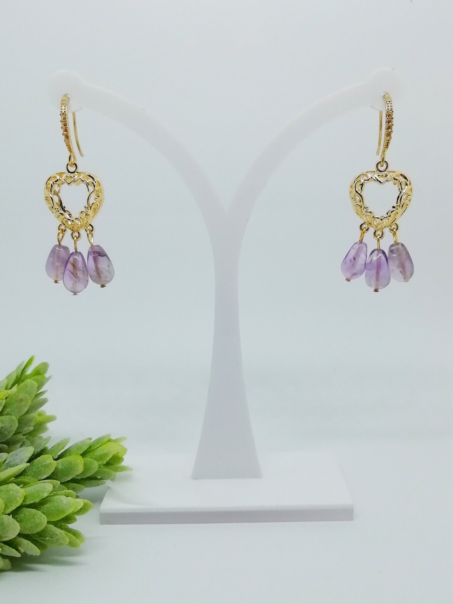 Серьги двусторонние, с подвесками, аметист