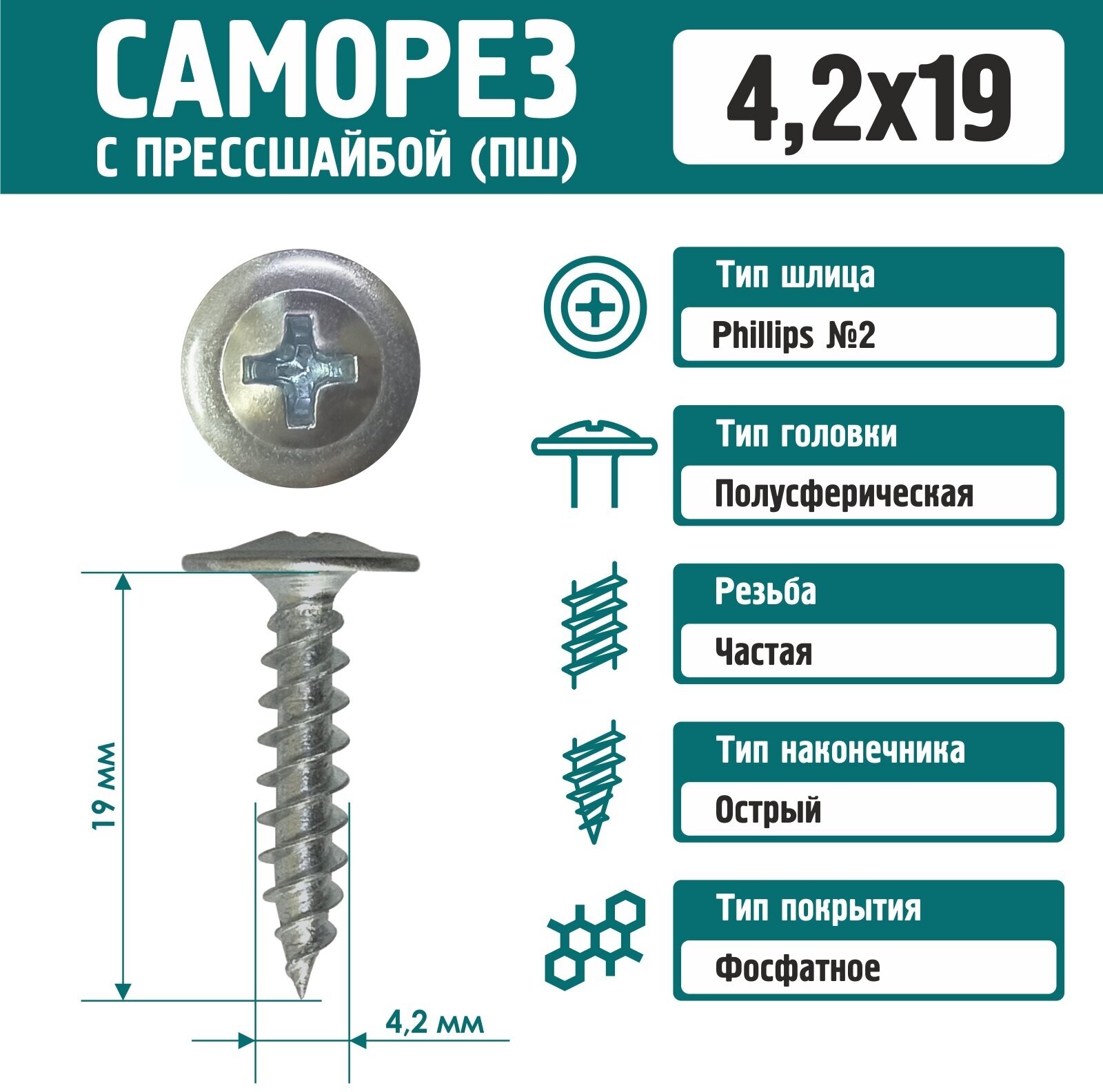 Саморез с прессшайбой острый 4,2х19 (500 шт) Rizzel покрытие цинк