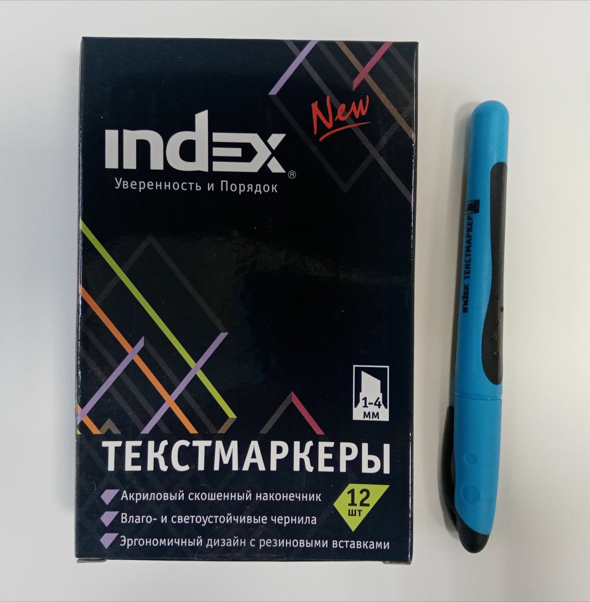 Набор текстмаркеров INDEX, с резиновым упором, скошенный наконечник, линия 1-4 мм, цвет - голубой - 12 шт.