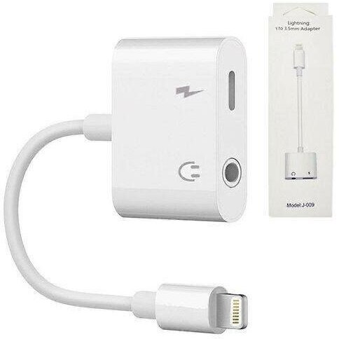 Переходник адаптер J-009, Lightning(M) to Lightning(F)/AUX 3.5mm, 11.5 см, Белый