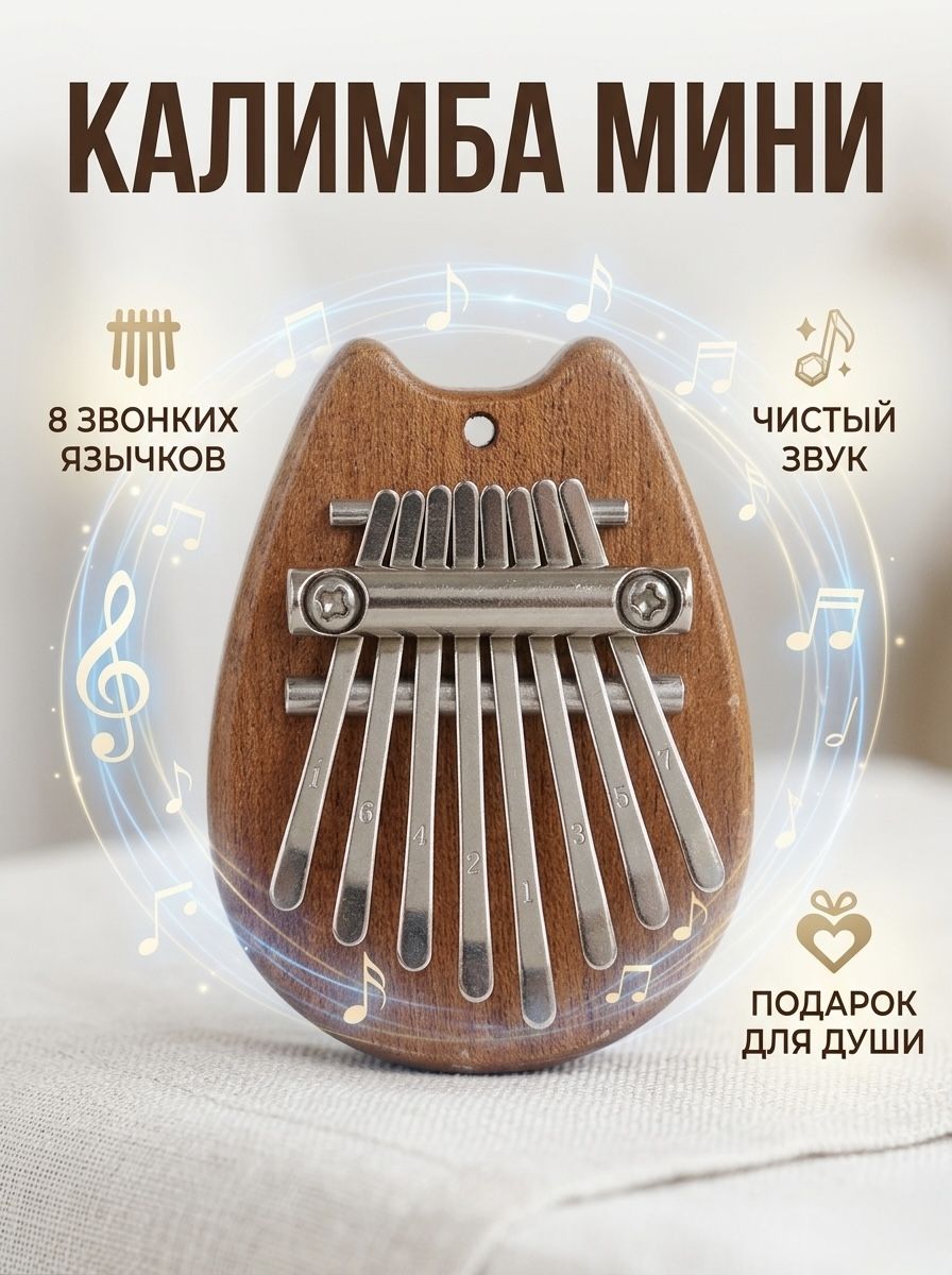 Калимба мини 8 язычков, музыкальный инструмент-брелок Котик