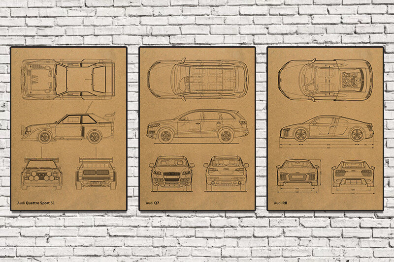 Набор постеров А4 - чертежи автомобилей Audi (3 крафт плаката А4)