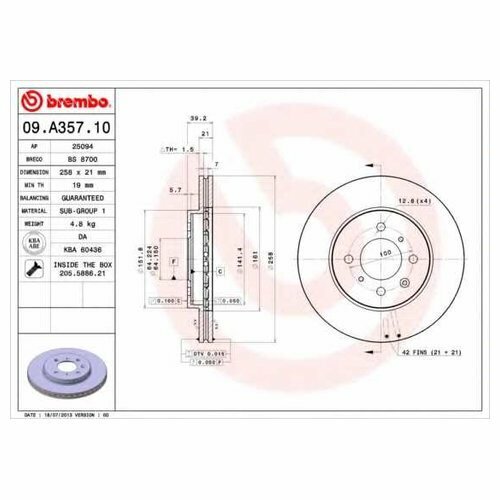 Тормозной диск передний Brembo 09A35710 для Honda City, Jazz II, III