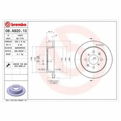 Тормозной диск задний Brembo 08a92010 для Honda City, Jazz II, III