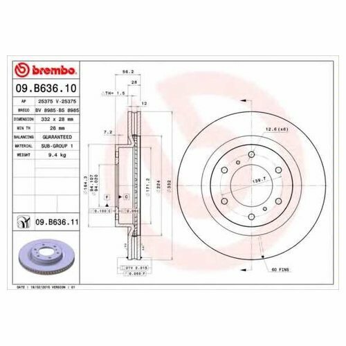 Тормозной диск передний Brembo 09B63610 для Mitsubishi Pajero IV