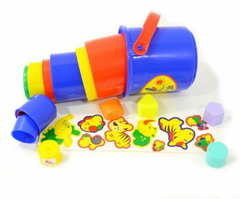 Занимательная пирамидка стаканчиковая (высота 75 см) - сортер ведерко (4 фишки) / Полесье