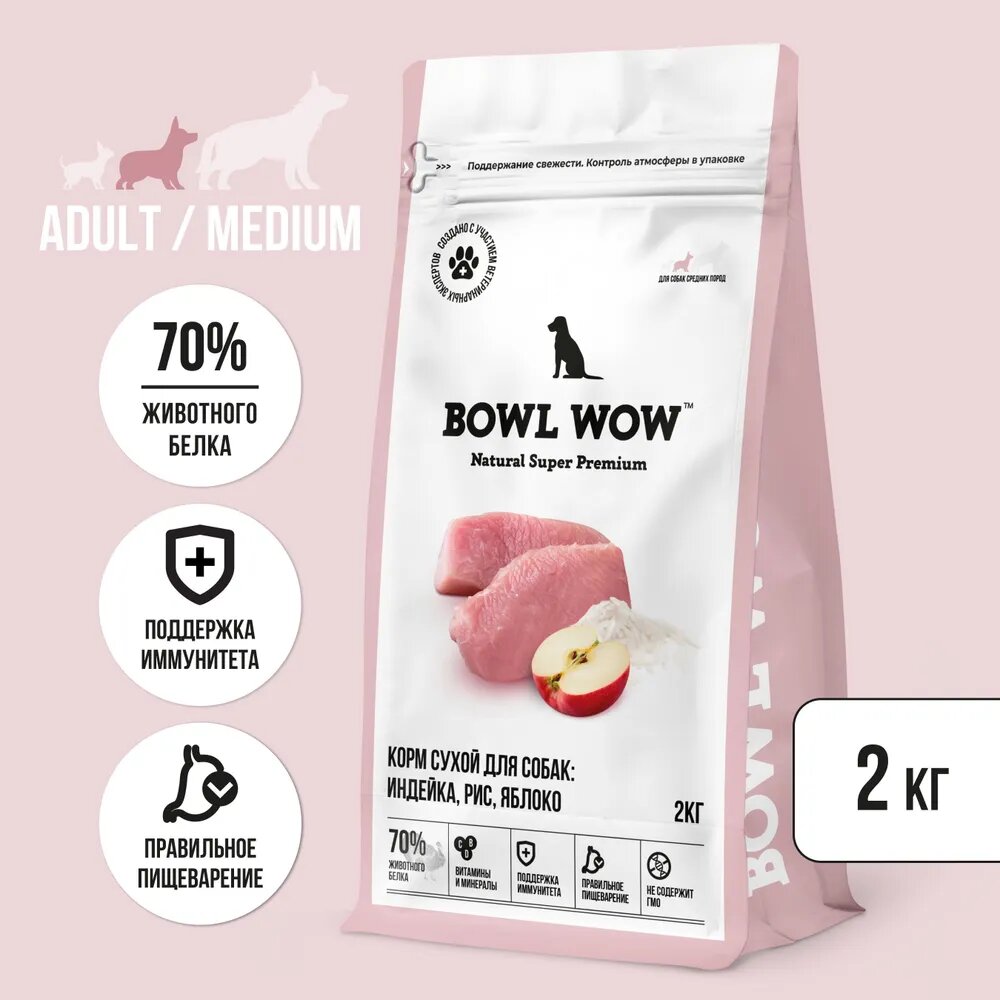 Корм для собак Bowl Wow 2кг индейка с рисом и яблоком для средних пород