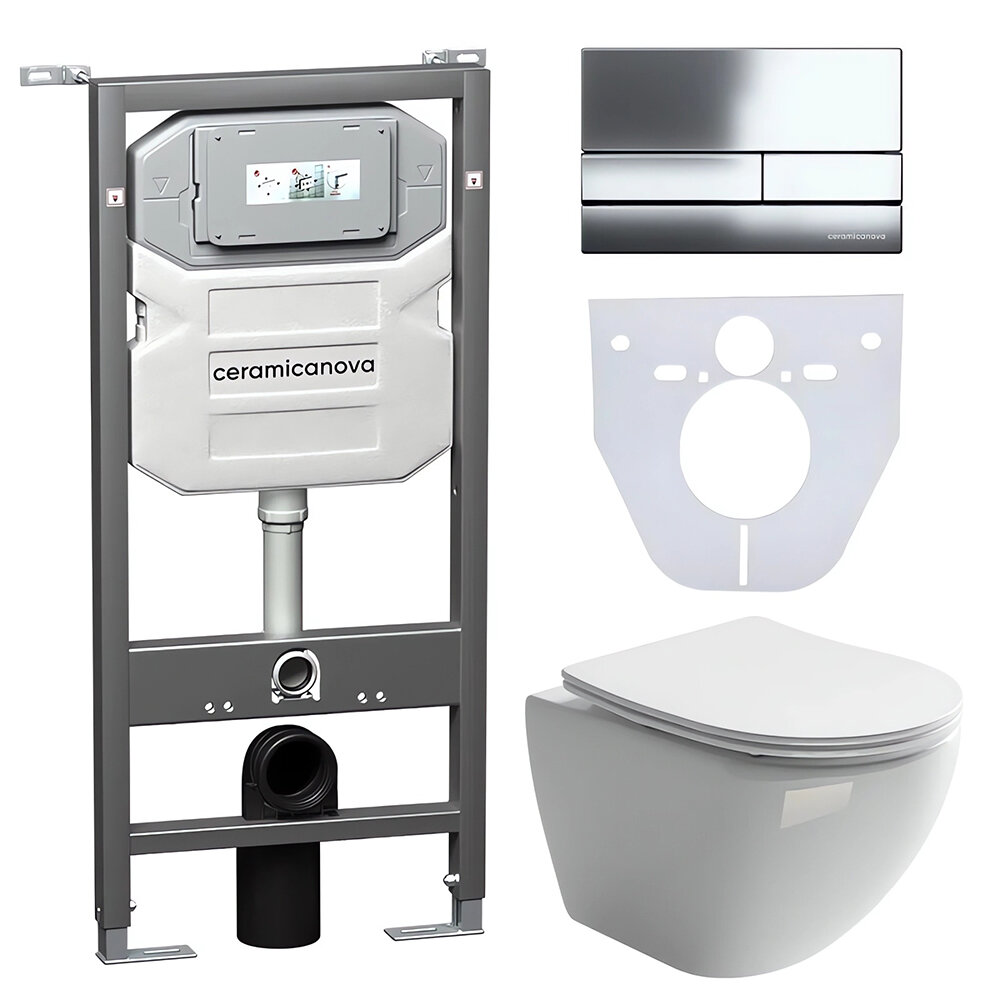 Комплект инсталляции 4 в 1 Ceramicanova Подвесной унитаз Metropol Rimless арт. CN4002 + Шумоизоляционная панель для инсталляции арт. CN1000 + Система инсталляции для унитазов CERAMICANOVA Envision с кнопкой смыва Flat цвет хром, креплениями, арт. CN1002CH