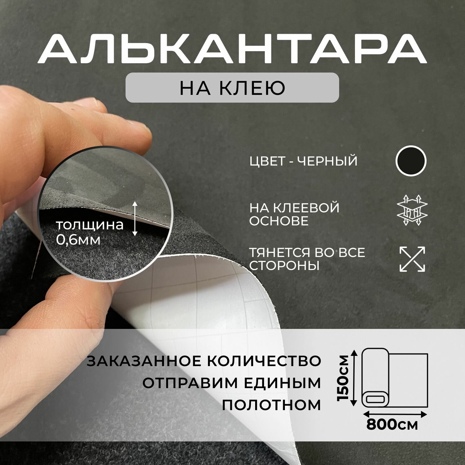 Самоклеящаяся алькантара - 800х150см черная, искусственная замша, обивочный материал для перетяжки на клею