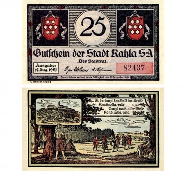 Нотгельд 25 пфеннигов 1921 Германия, Kahla, сувенирная копия, банкноты и купюры редкие коллекционные