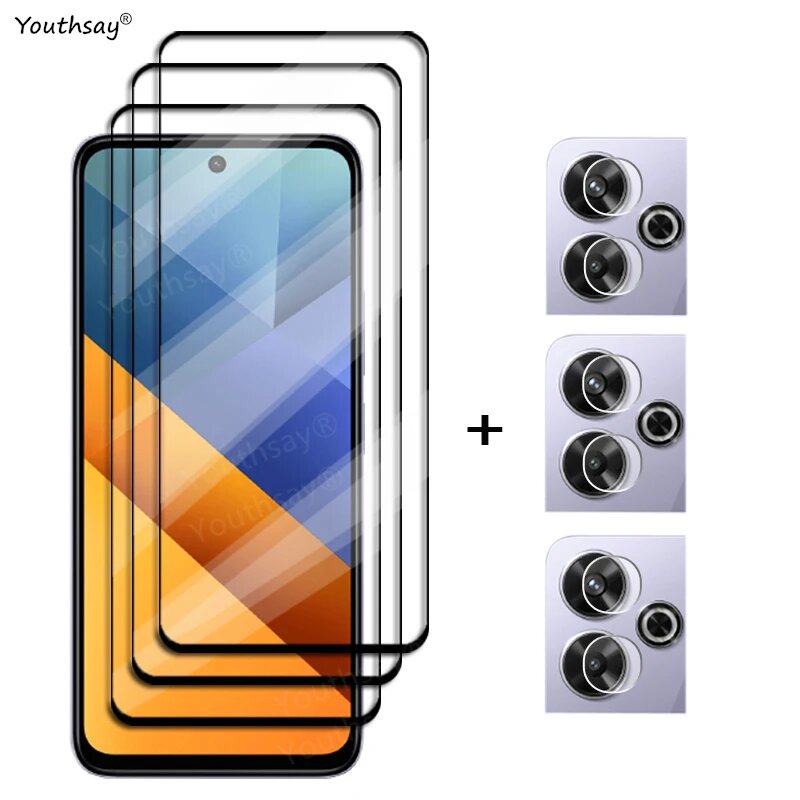 Защитное стекло 6 шт. для Xiaomi Poco M6, цвет: 3 Glass and 3 Lens