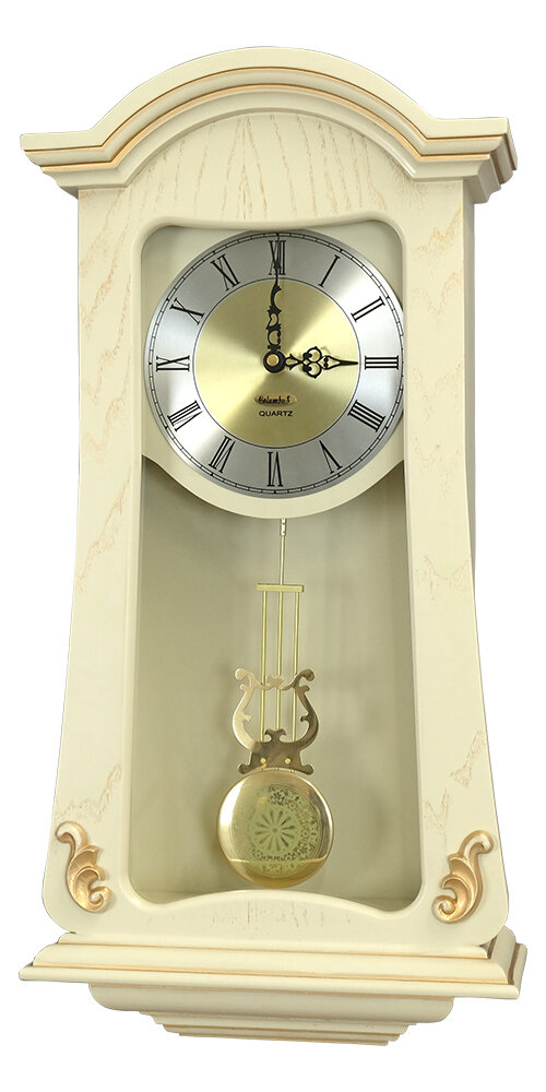 Часы настенные "Columbus" 2410-IV, деревянные, с маятником, боем и мелодией, цвет слоновая кость с патиной золото