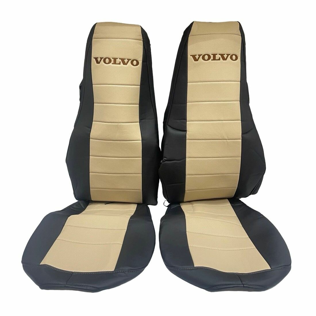 Автомобильные чехлы из экокожи для Volvo FH / FM / FL (2002-2013) (черно-бежевые)(с коричневой ниткой)