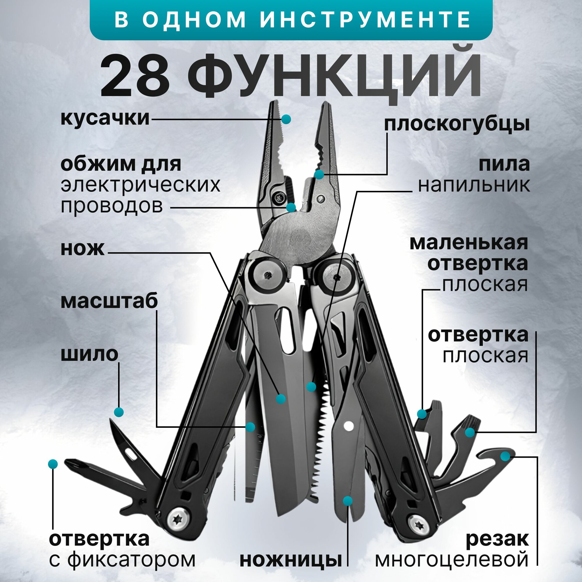 Мультитул тактический, нож туристический, армейский, швейцарский 28в1
