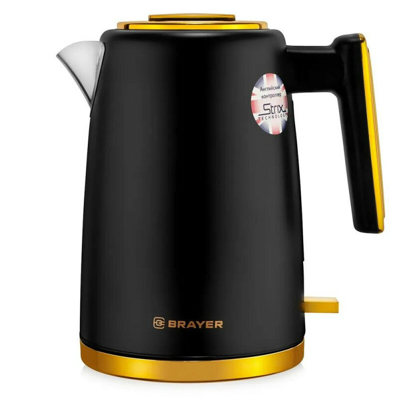 Чайник электрический Brayer 1.7 л 2200 Вт нержавеющая сталь, подсветка корпуса, встроенный фильтр, черный/золотой BR1017