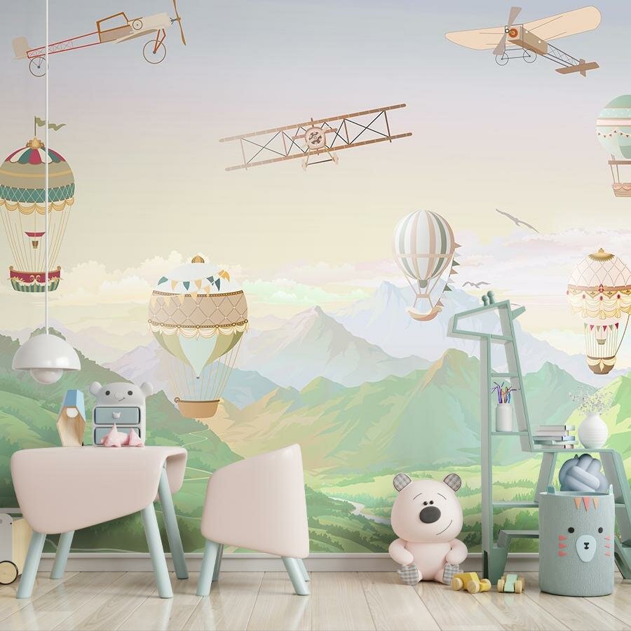 Фотообои в детскую горы и воздушные шары 12-1584-S-Холст 270 x 200 см (ВхШ) Бесшовные, флизелиновые, влагостойкие обои MasterFresok