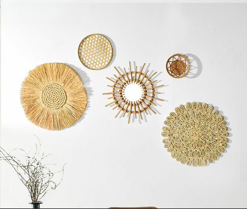Набор декора для стен из соломы ручной работы в стиле бохо зеркало и тарелки для уюта в гостиной, спальне, прихожей