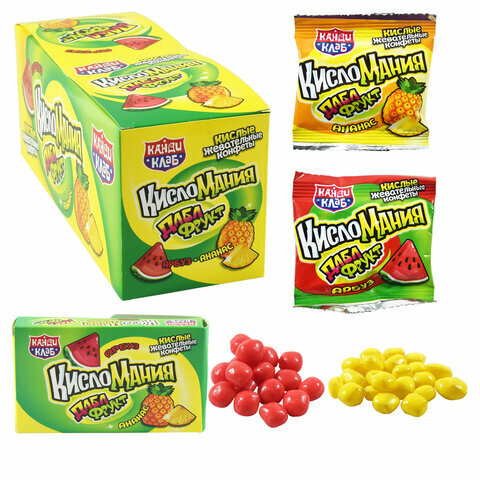 60 шт. Жевательные конфеты "Кисломания дабл фрукт" арбуз и ананас, 14 г, канди клаб, CHW041