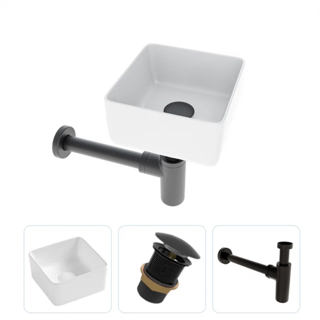 Раковина накладная Teymi Helmi Mini 24 + донный клапан клик-клак без перелива черный и сифон черный матовый F07502