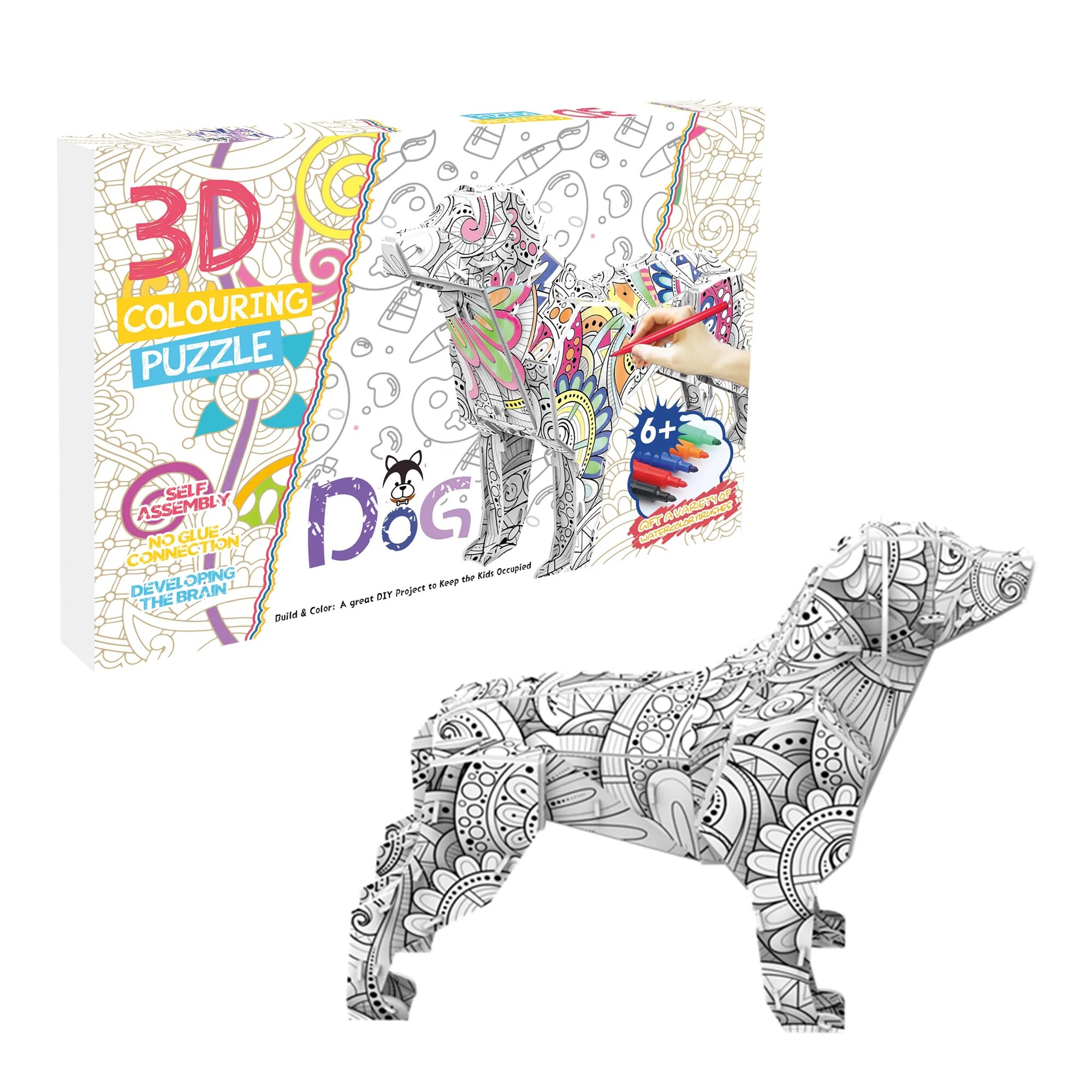 3Д раскраска Собака 3D Colouring Puzzle Dog 38 деталей + 10 фломастеров: картонный объемный набор для детей